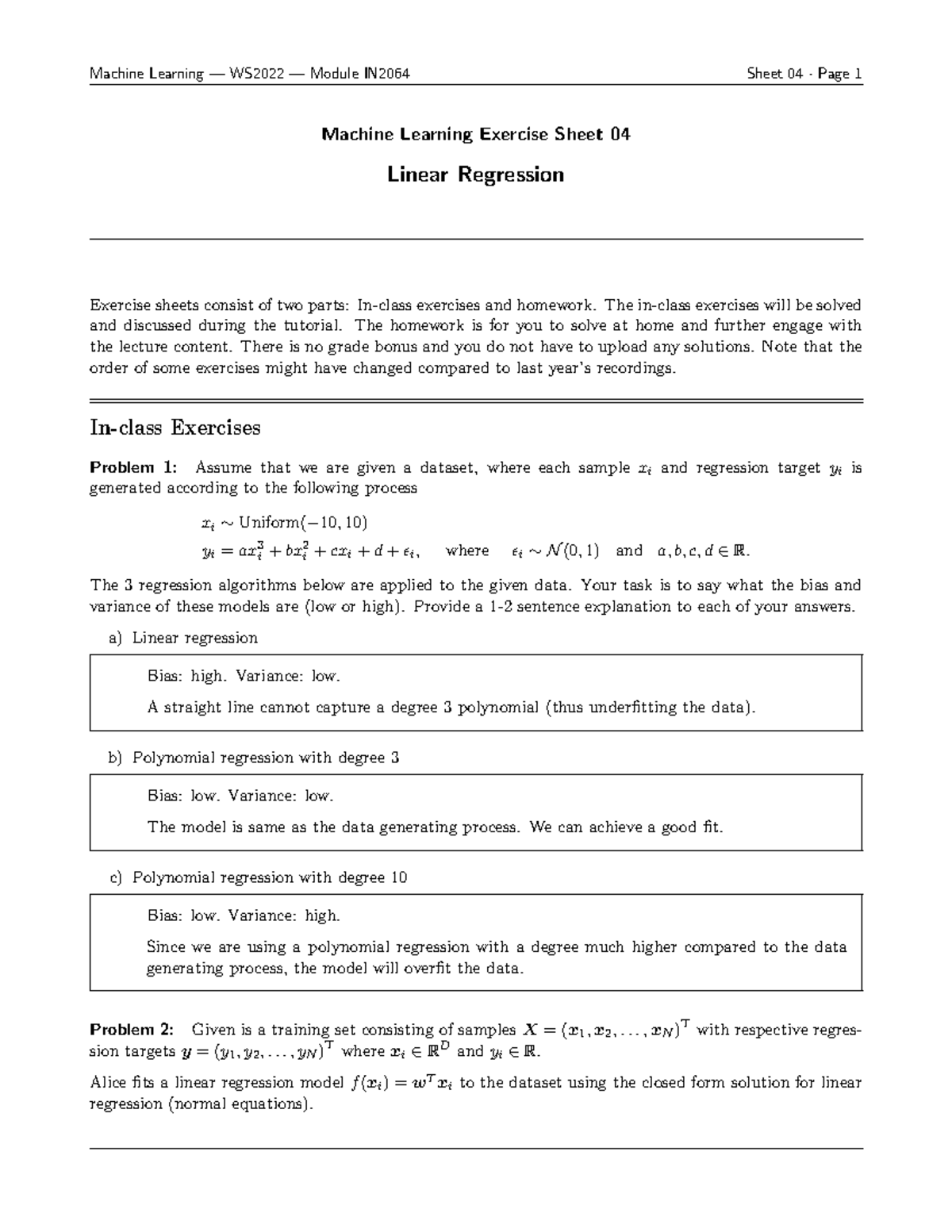 Exercise 4 Solution WS22-23 - Machine Learning Exercise Sheet 04 Linear Regression Exercise ...