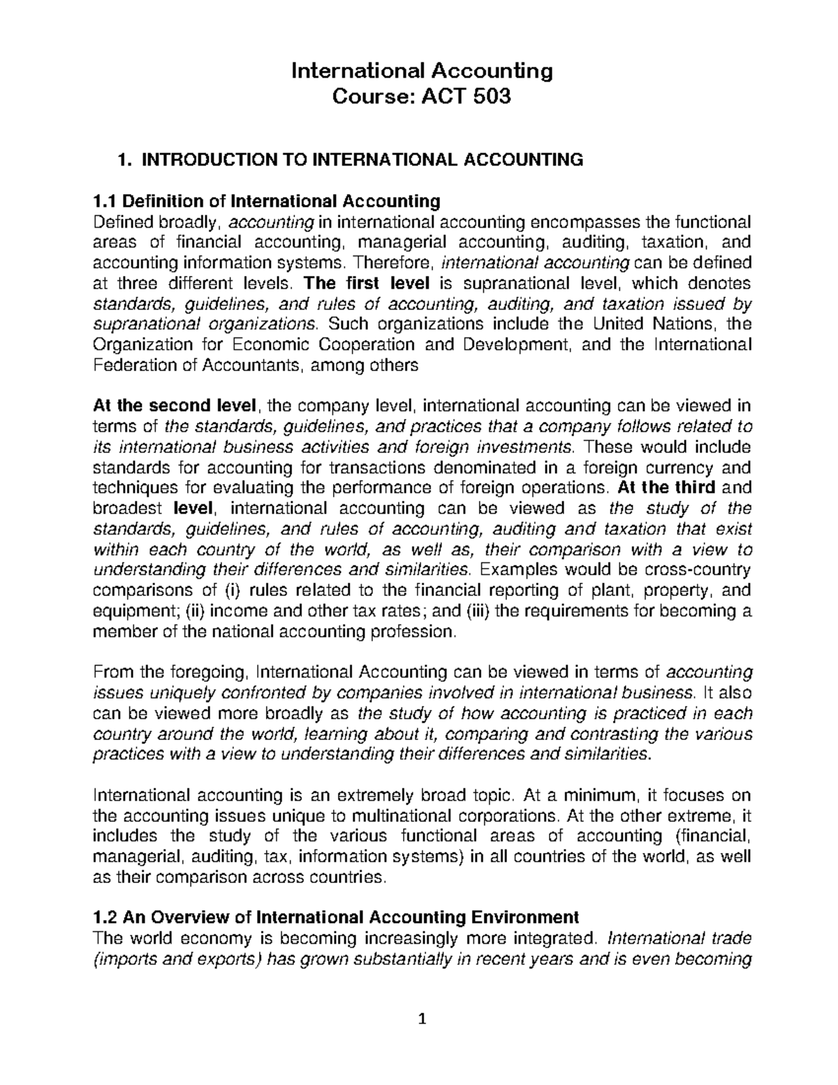 International Accounting - International Accounting Course: ACT 503 1 ...