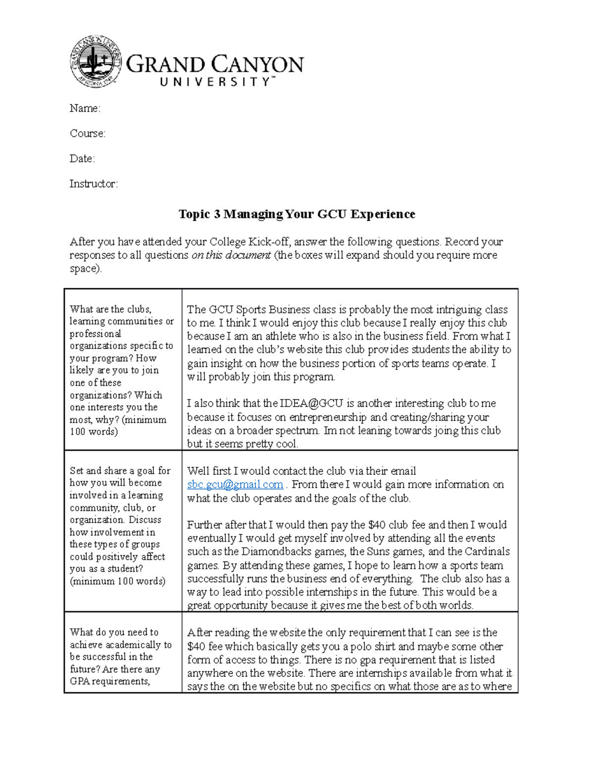 UNV-103 T3 Your GCUExperience TO - Name: Course: Date: Instructor ...
