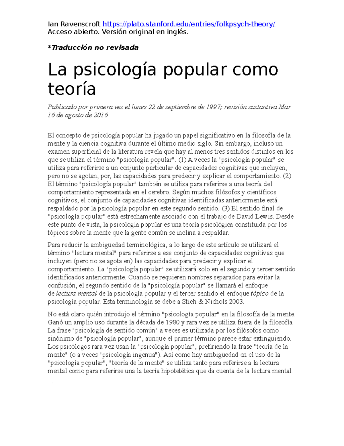 Ravenscroft La psicología popular como teoría (teoría teoría) - Ian ...