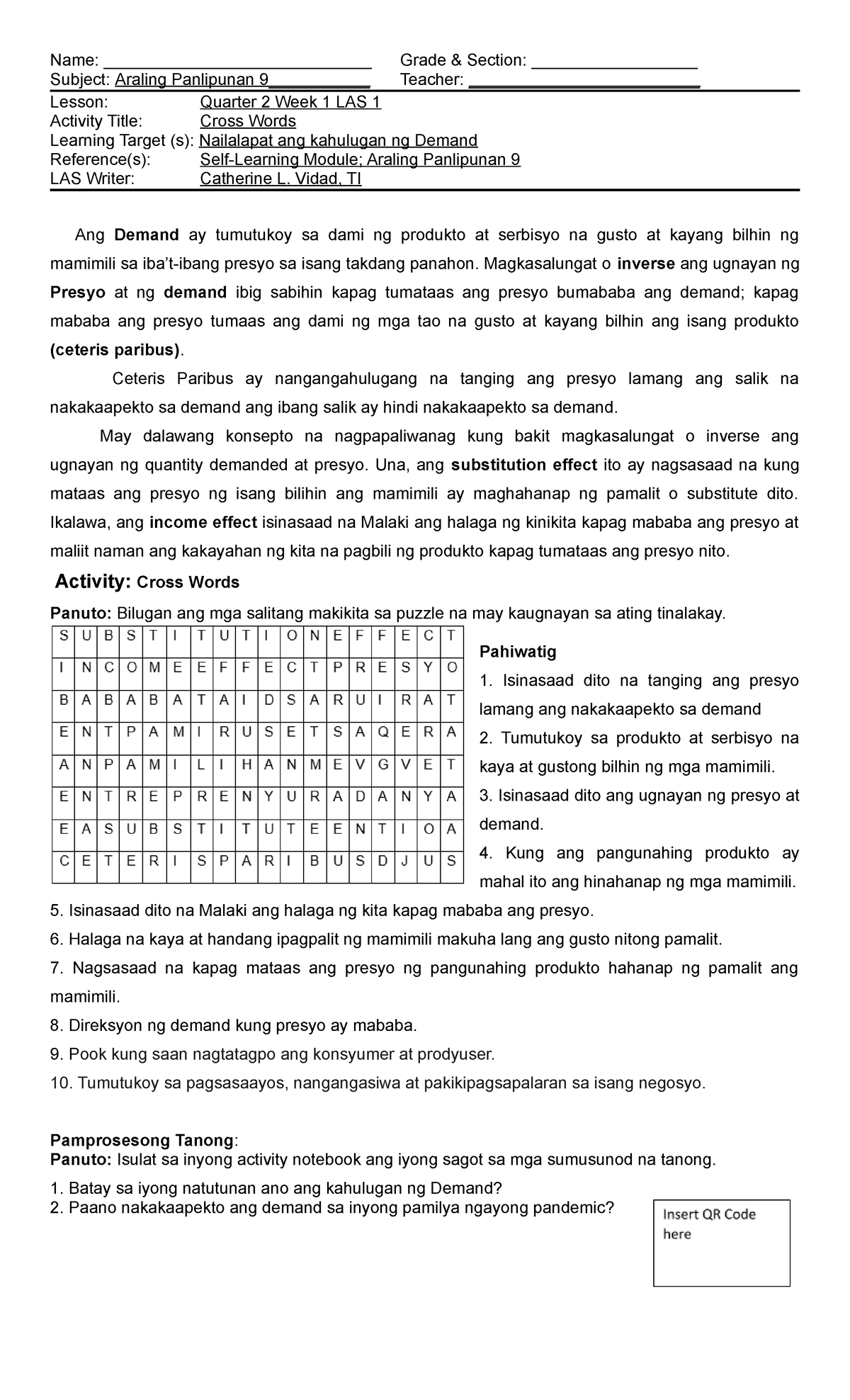 AP9 Q2 W1 LAS1 - Learning activities sheets in AP 7 - Name: _____________________________ Grade ...