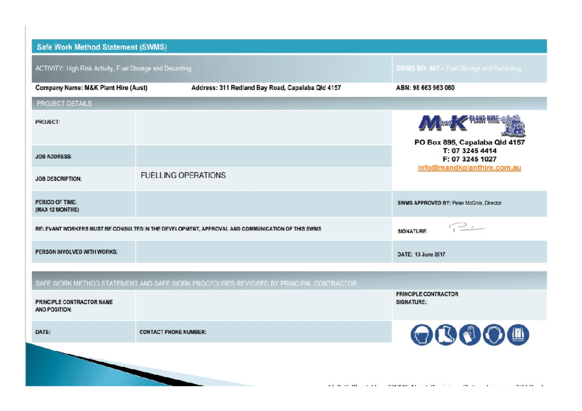 Fueling swms - swms - Safe Work Method Statement (SWMS) ACTIVITY: High ...