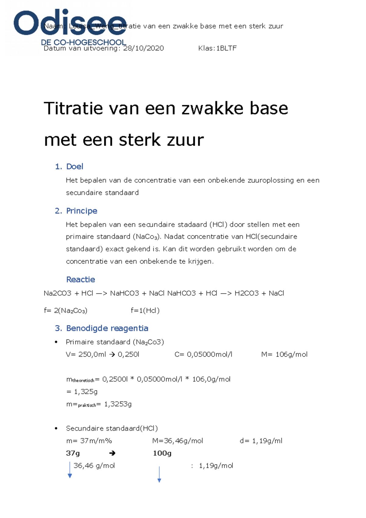Louisa Weng titratie van een zwakke base met een sterk zuur - Datum van uitvoering: 28/10/2020 ...