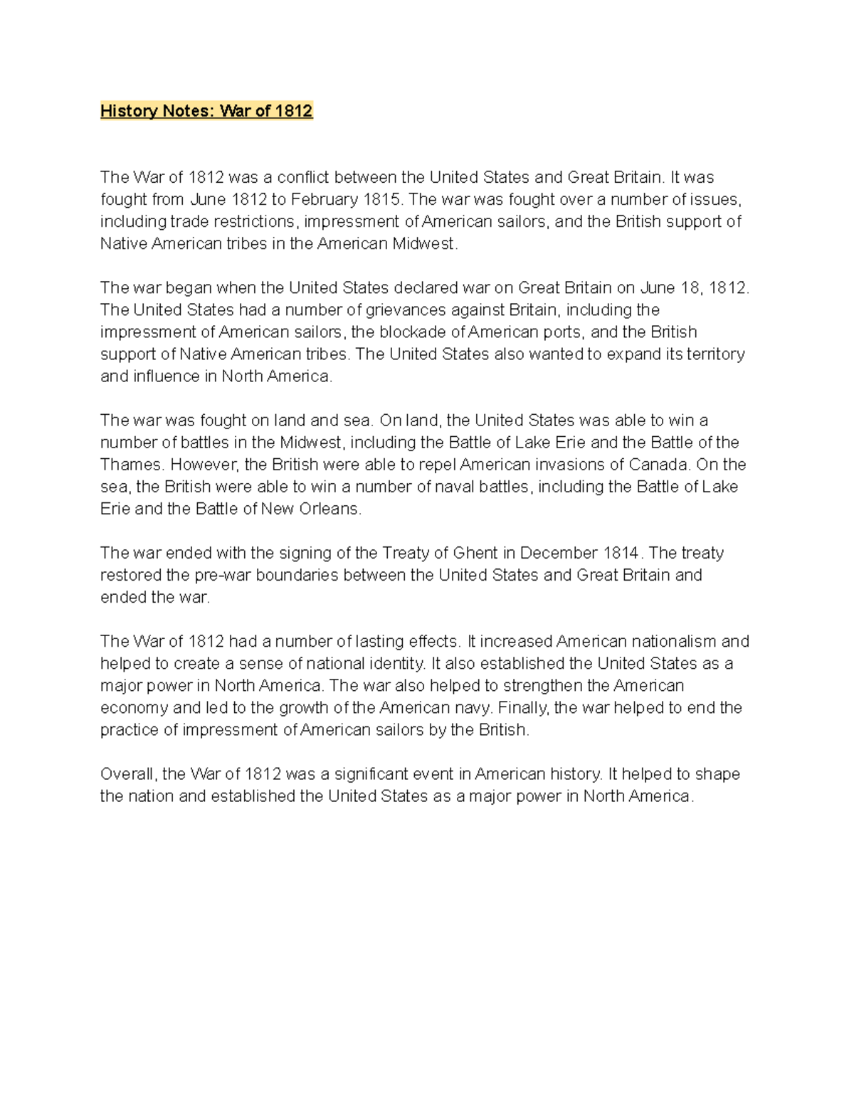 History AP (28) - History Notes: War of 1812 The War of 1812 was a ...