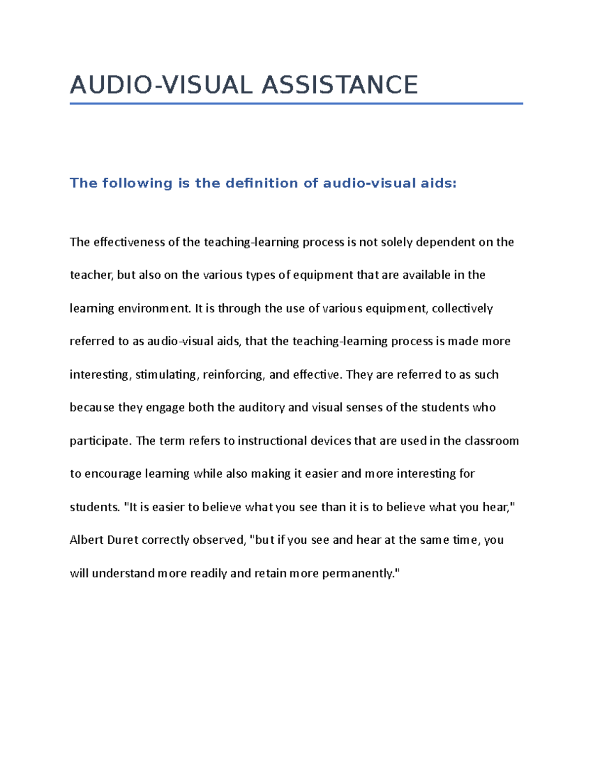 A Brife NOTE ON Audio- Visual Assistance - Teacher Education - Studocu