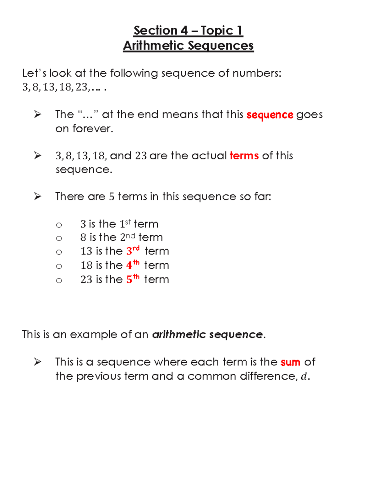 Algebra Section 4 - Section 4 – Topic 1 Arithmetic Sequences Let’s look ...