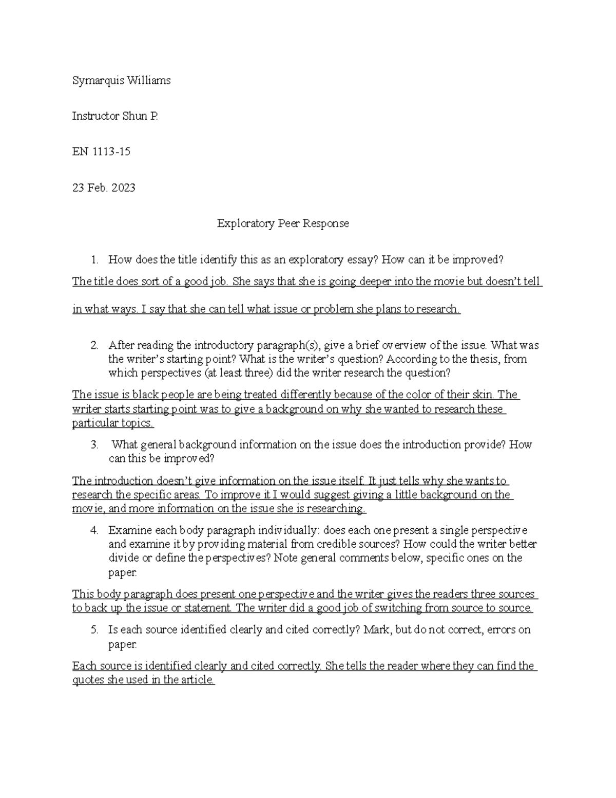 Peer Response - wertyuijvf - Symarquis Williams Instructor Shun P. EN ...