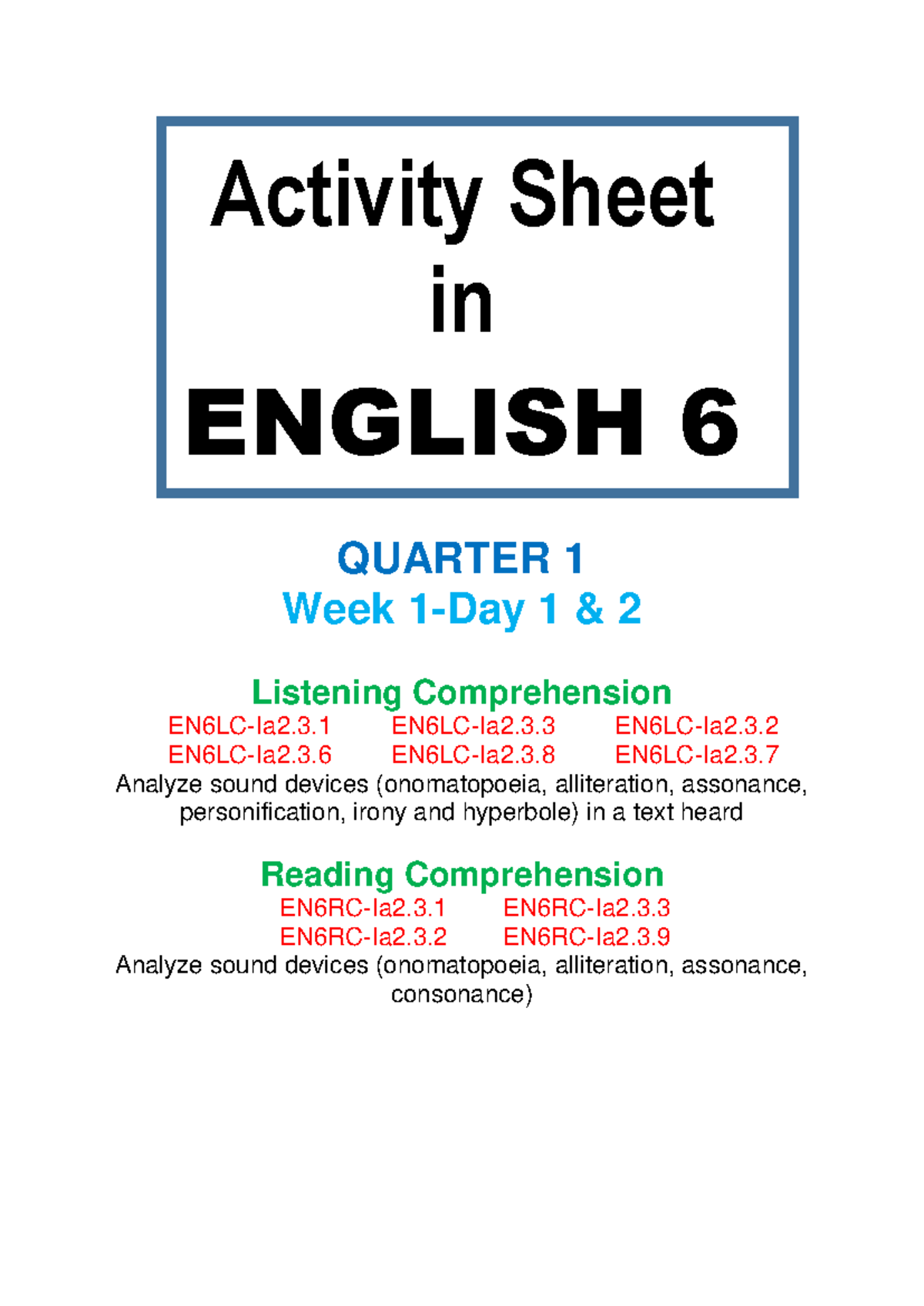 Sound Devices in English 6 - Activity Sheet in ENGLISH 6 QUARTER 1 Week ...