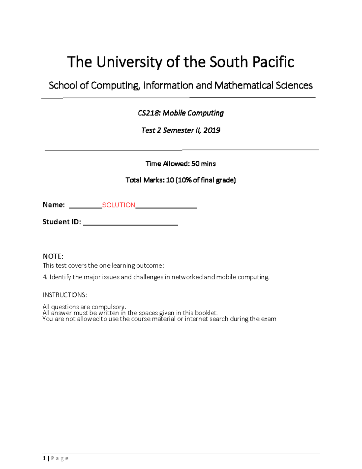 Cs218 Test 2 Solution Sem 2 2019 The University Of The South Pacific