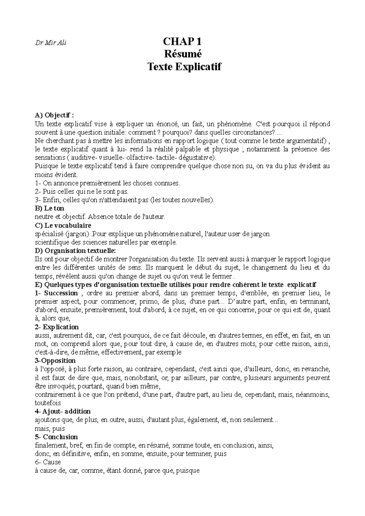 Texte Explicatif - Dr Mir Ali CHAP 1 Résumé Texte Explicatif A ...
