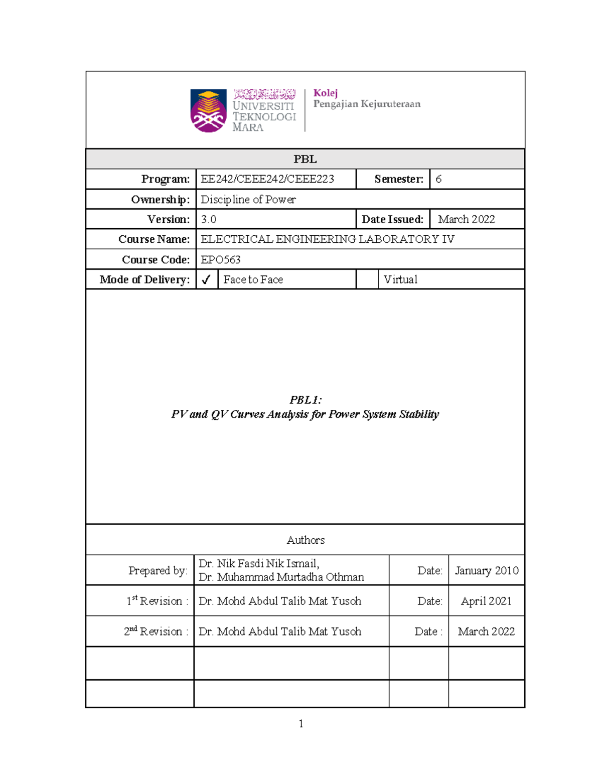 1. EPO563 - PBL1 PVQV F2F Student KIT - PBL Program: EE242/CEEE242/CEEE223 Semester: 6 Ownership ...