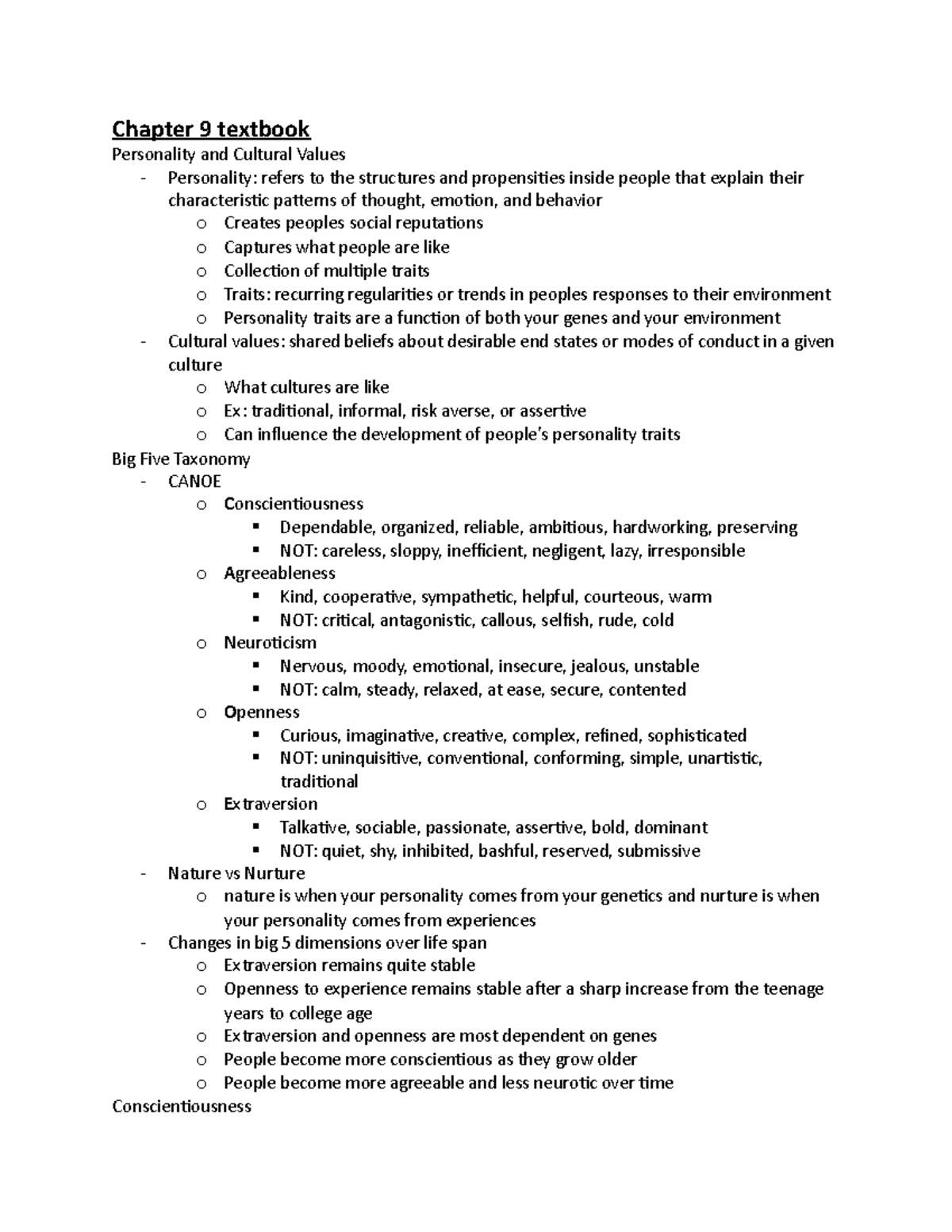 chapter 9 textbook notes - Chapter 9 textbook Personality and Cultural ...