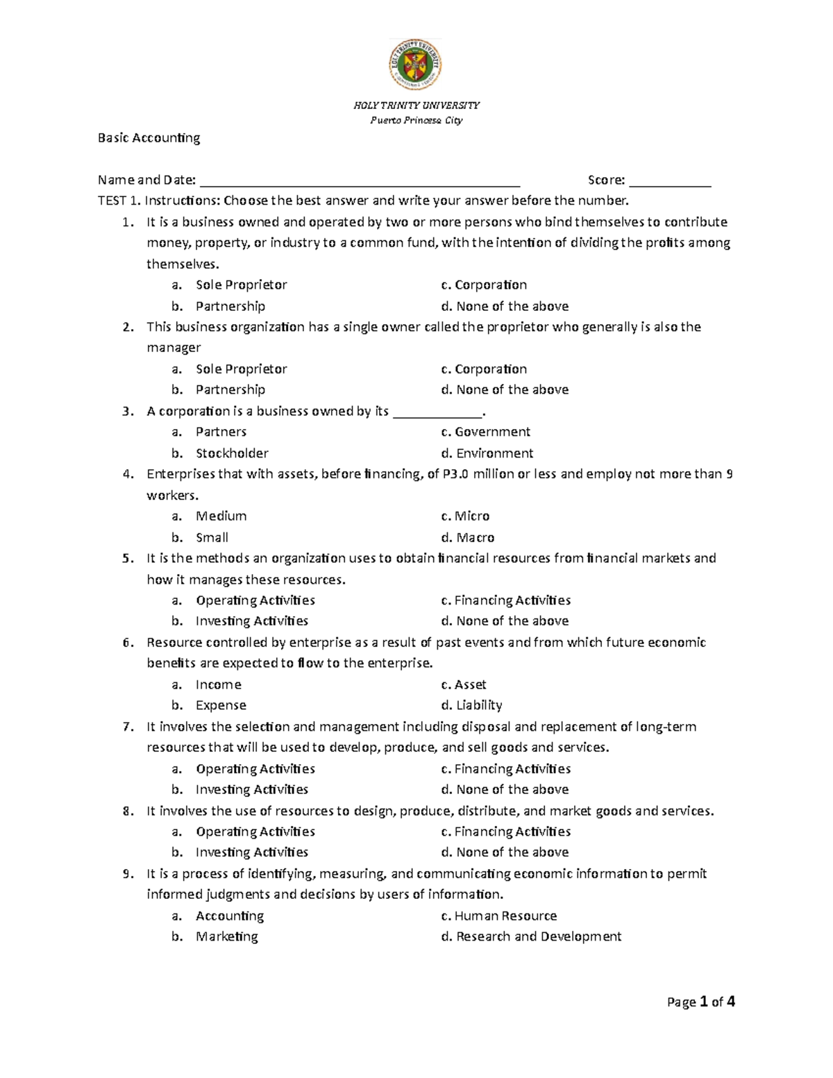 Basic accounting - Sample Problem - HOLY TRINITY UNIVERSITY Puerto ...