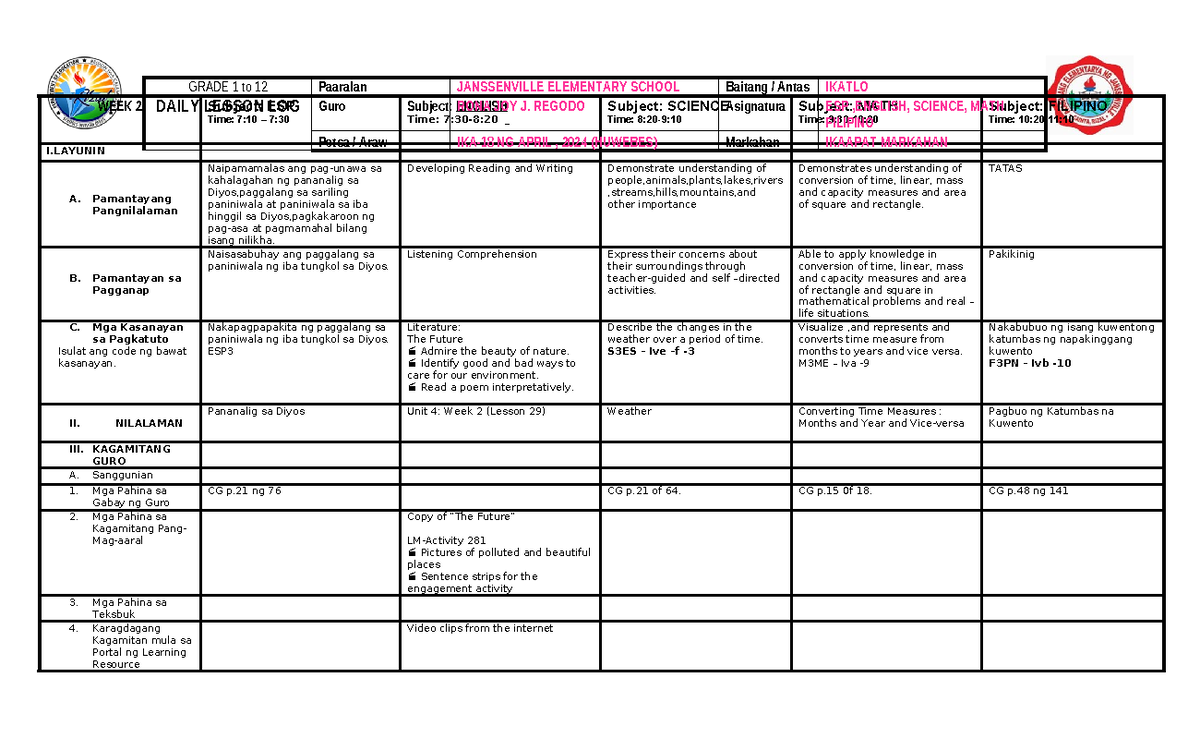 LESSON PLAN FOR GRADE 3 - WEEK 2 Subject: ESP Time: 7:10 – 7: Subject ...