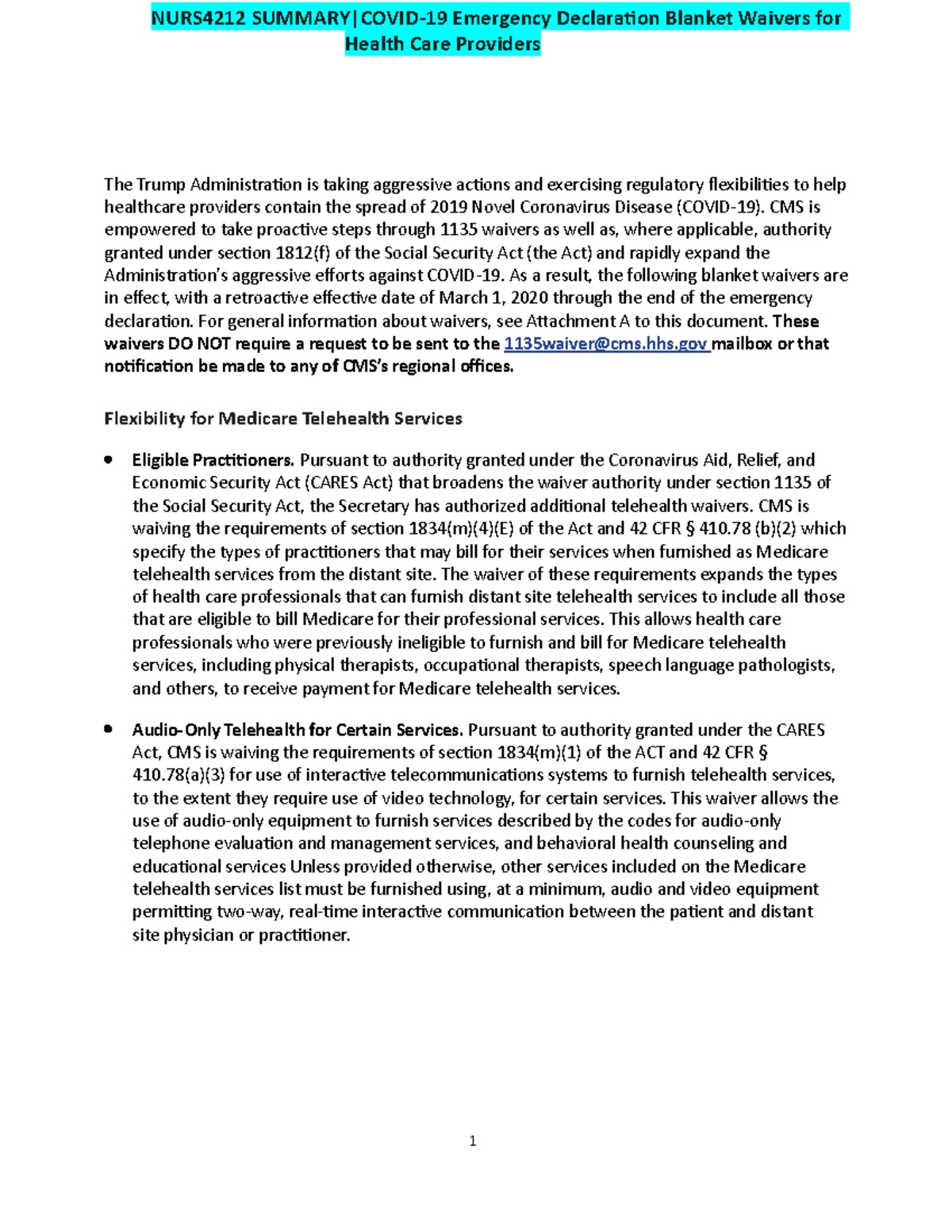 Summary covid 19 emergency declaration waivers 12 1 20 - 1 Health Care ...