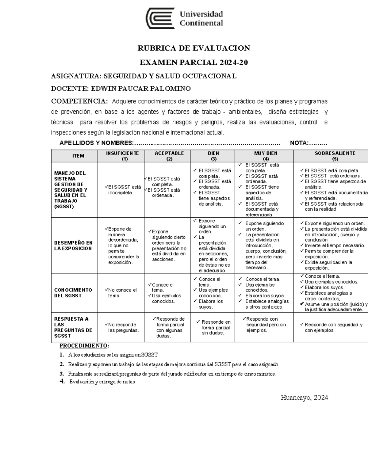 Rubrica DE Evaluacion Parcial SSO - RUBRICA DE EVALUACION EXAMEN PARCIAL 2024- ASIGNATURA ...