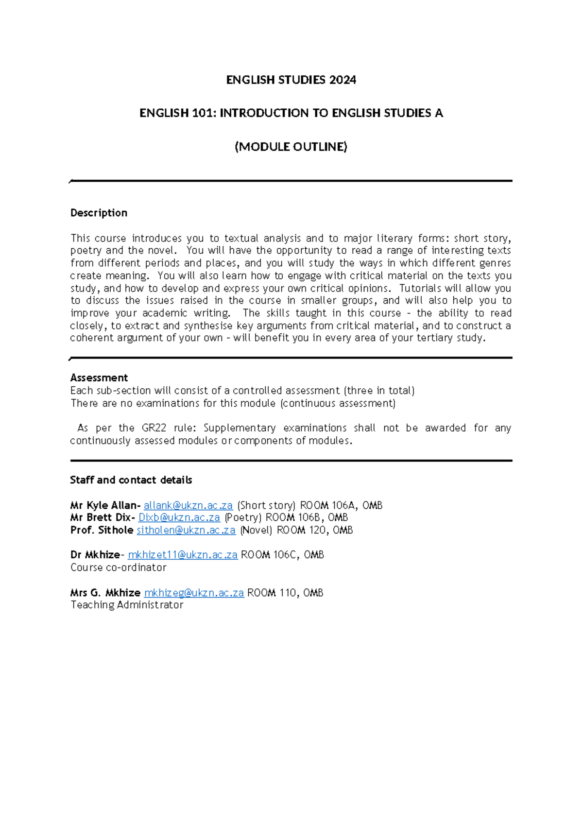 ENGL101 Module outline 2024 - ENGLISH STUDIES 2024 ENGLISH 101 ...