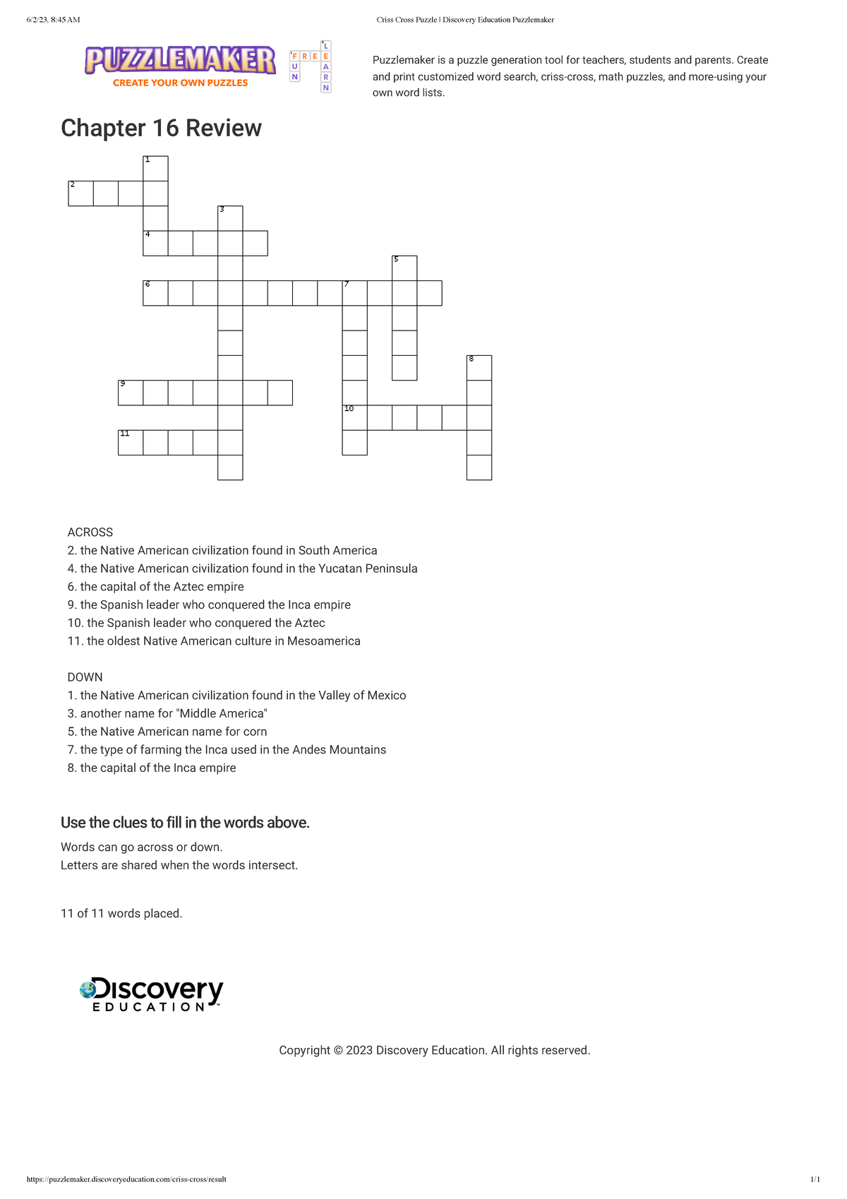 Criss Cross Puzzle Discovery Education Puzzlemaker - 6/2/23, 8:45 AM ...