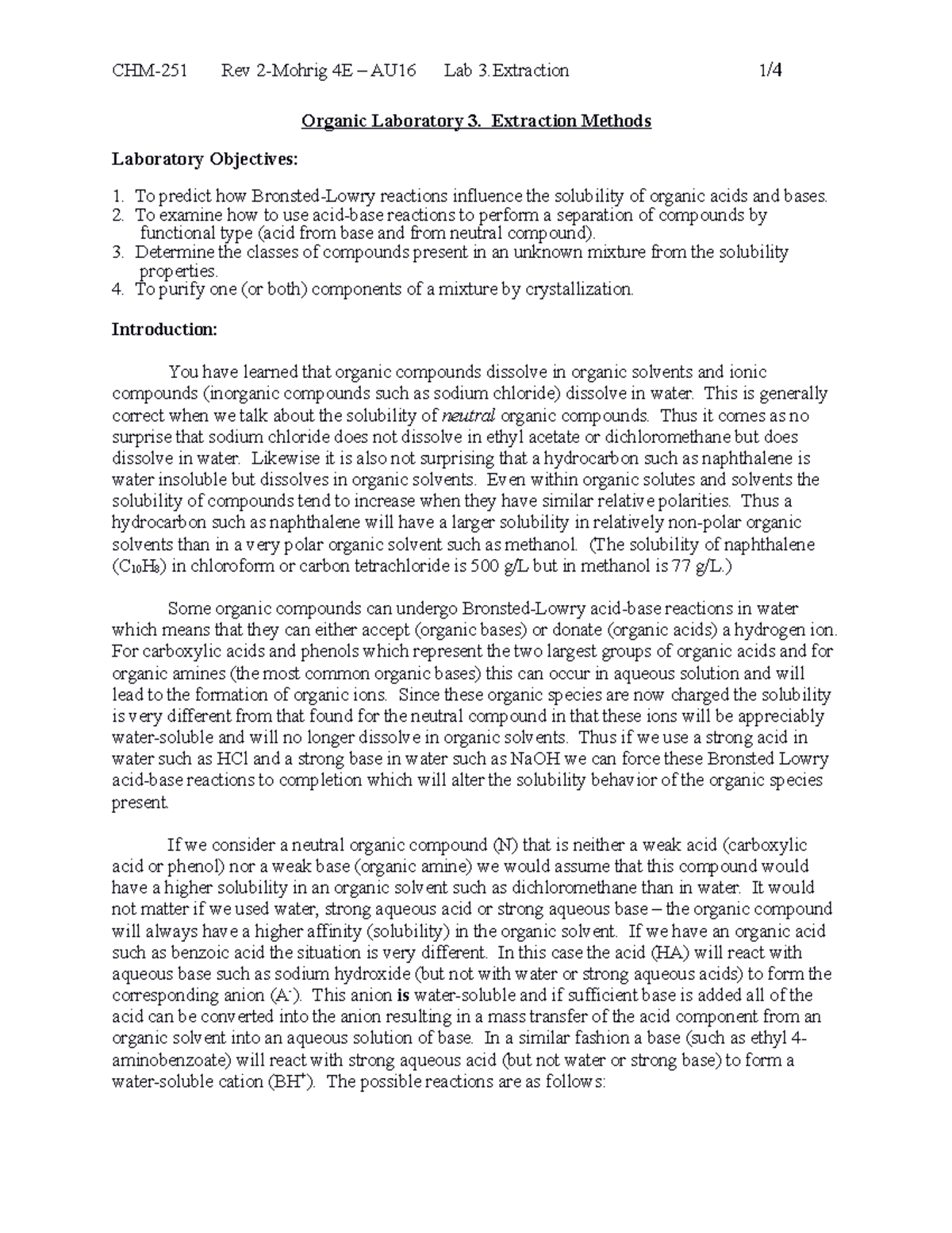 Lab3Ext Rev2-M4-AU16 - DDSDDAS - Organic Laboratory 3. Extraction Methods Laboratory Objectives ...