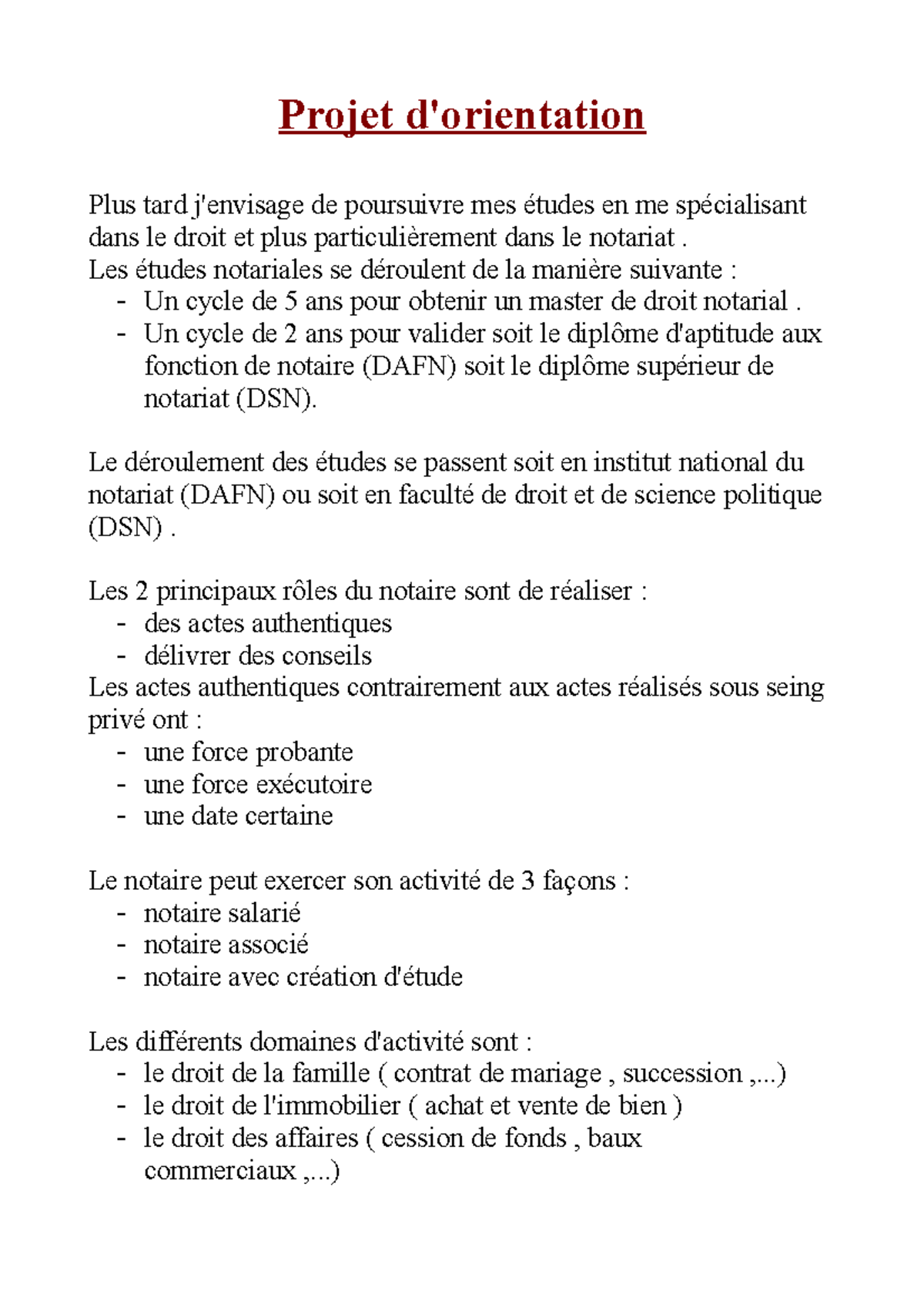 Projet orientation - dissertation imaginaire sur l'expérience professionnelle - Projet d ...