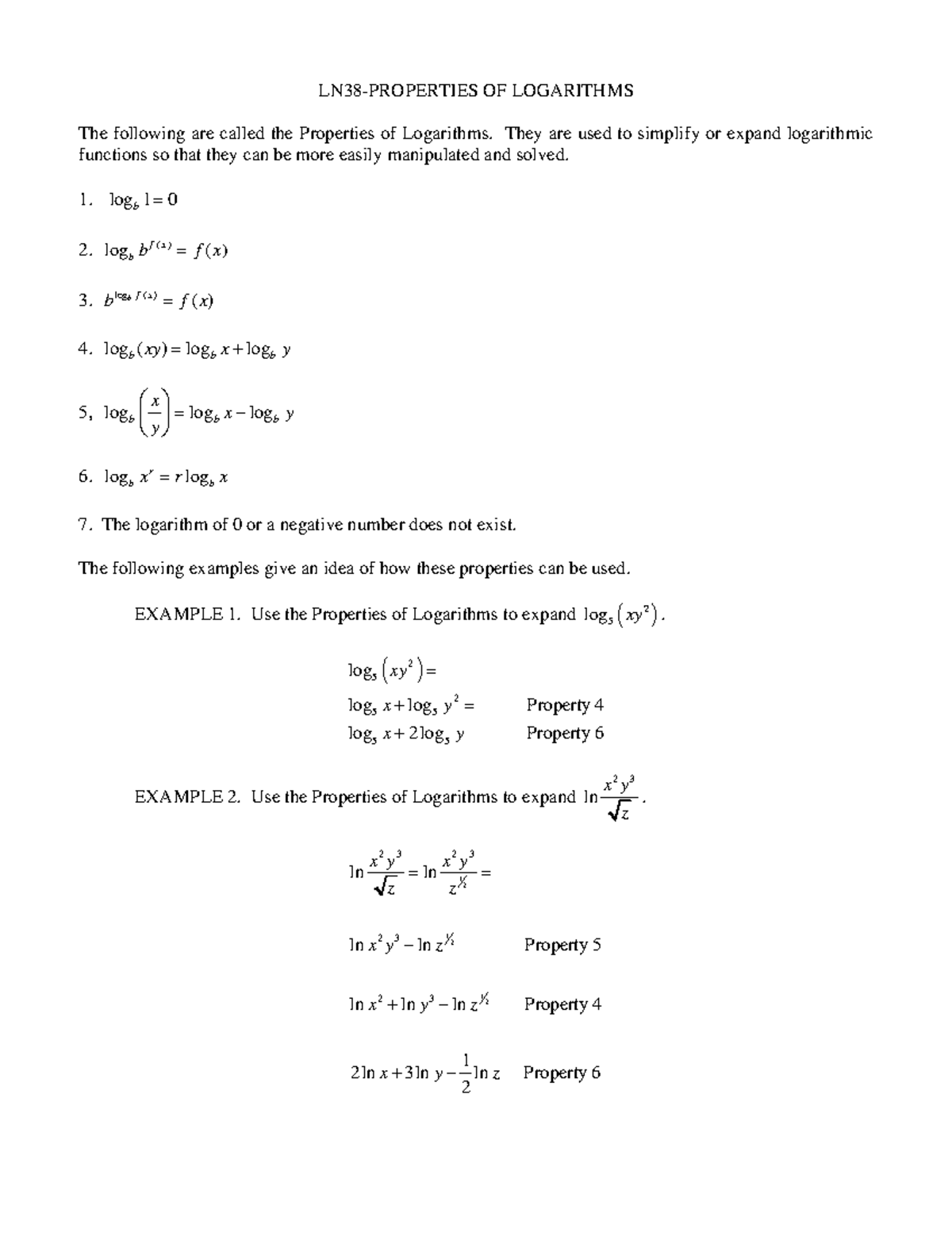 LN38- Properties of Logarithms - LN38-PROPERTIES OF LOGARITHMS The ...