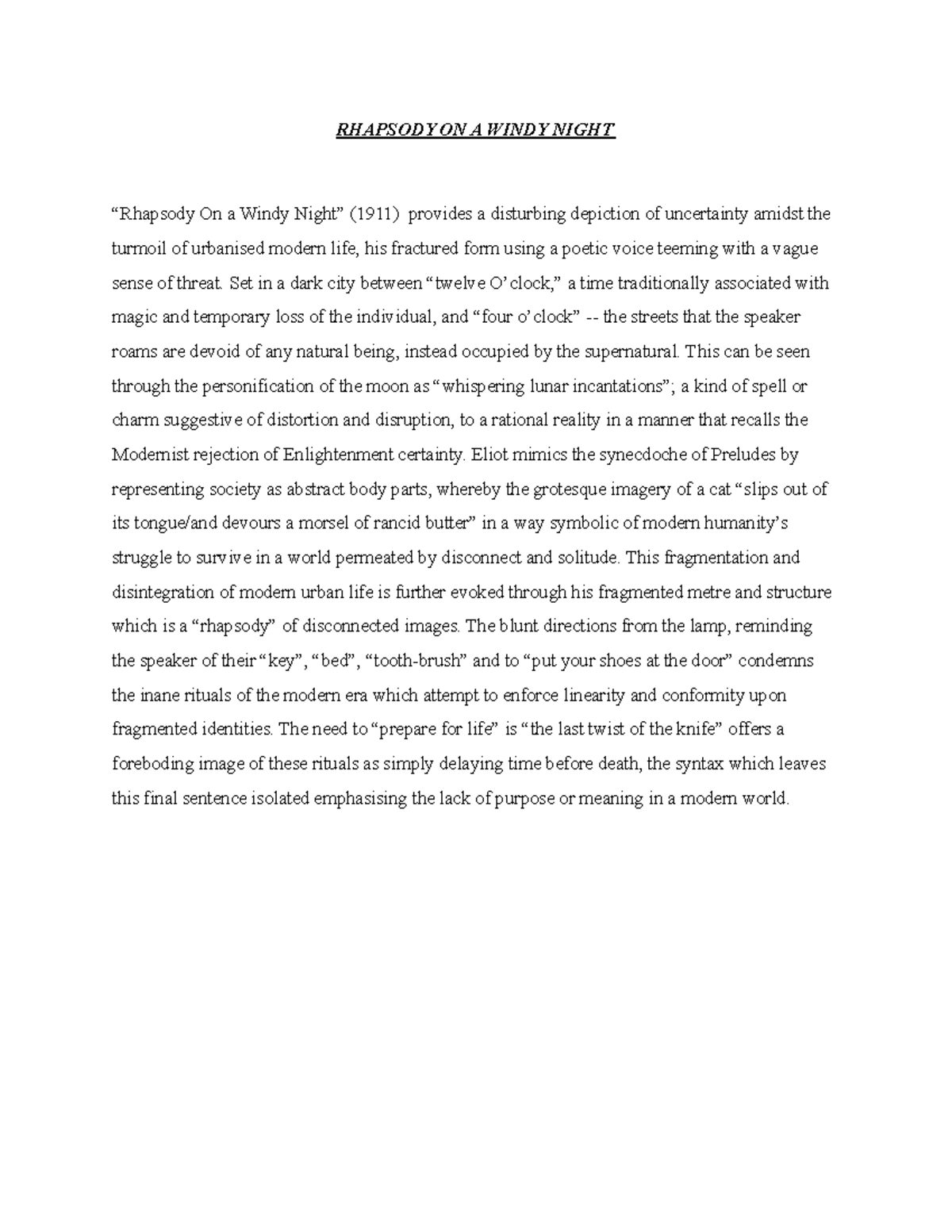 Ts eliot - RHAPSODY ON A WINDY NIGHT