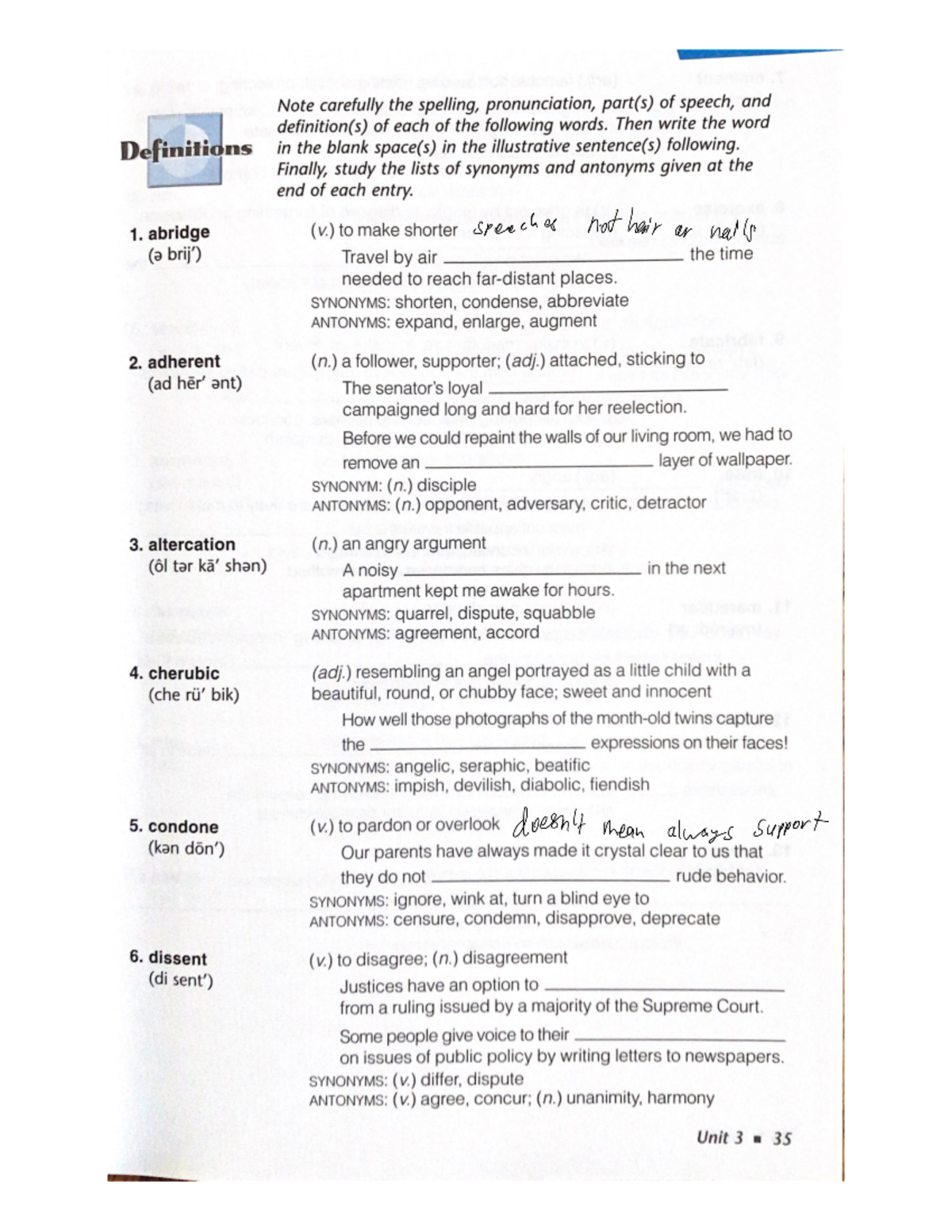 Unit 3 vocabulary - Note carefully the spelling, pronunciation, part(s ...