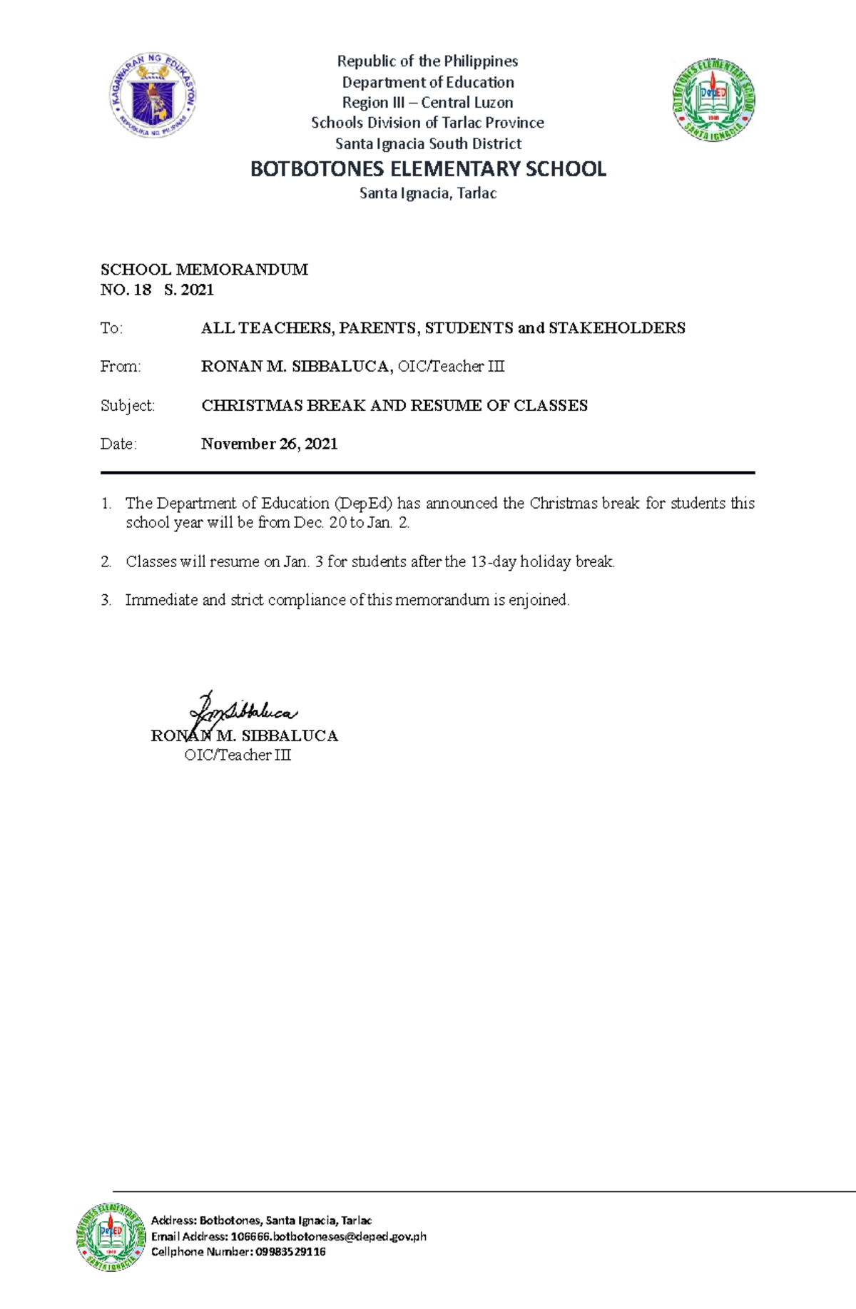 2021 School MEMO - 20 christmas break - Republic of the Philippines ...