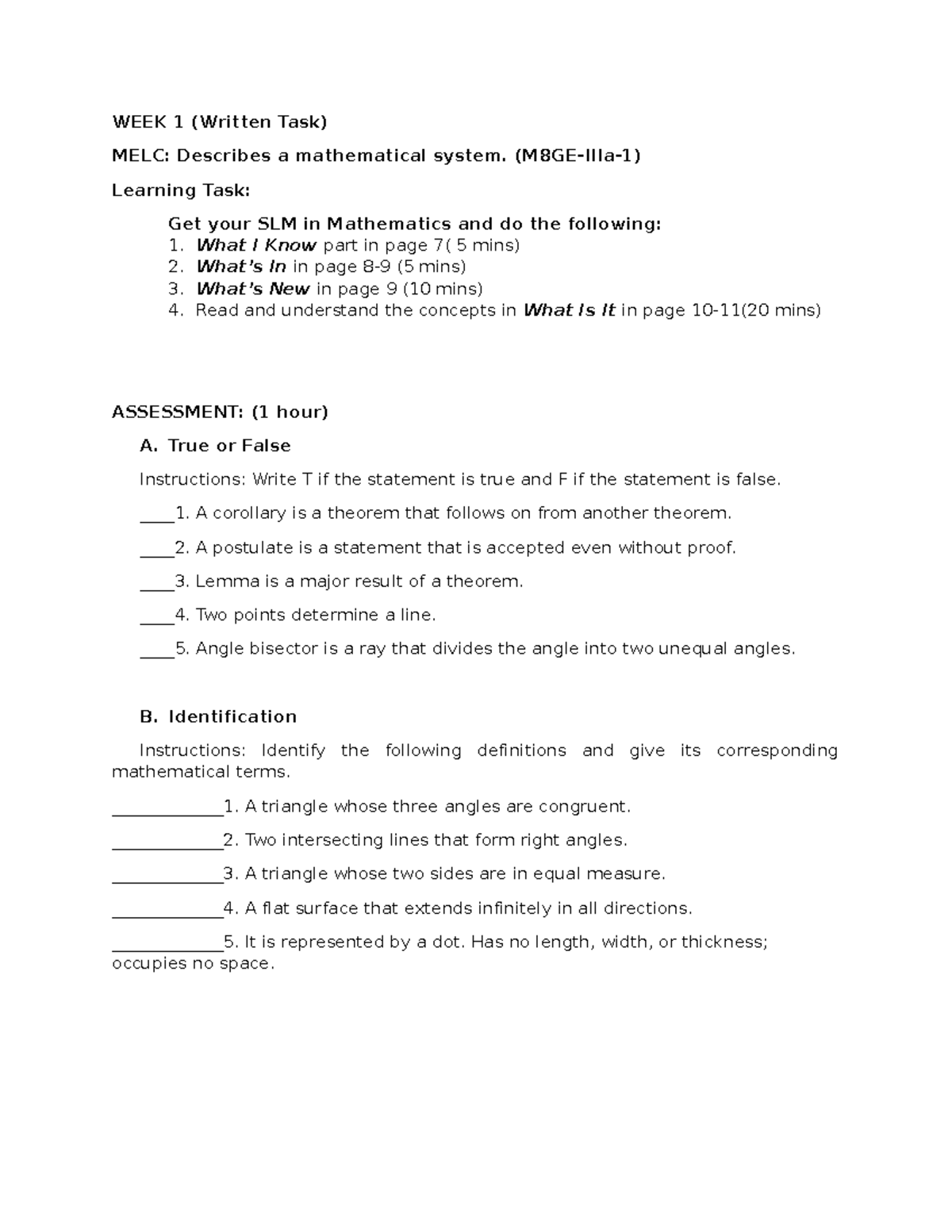 WEEK 1 - MATH - WEEK 1 (Written Task) MELC: Describes a mathematical ...