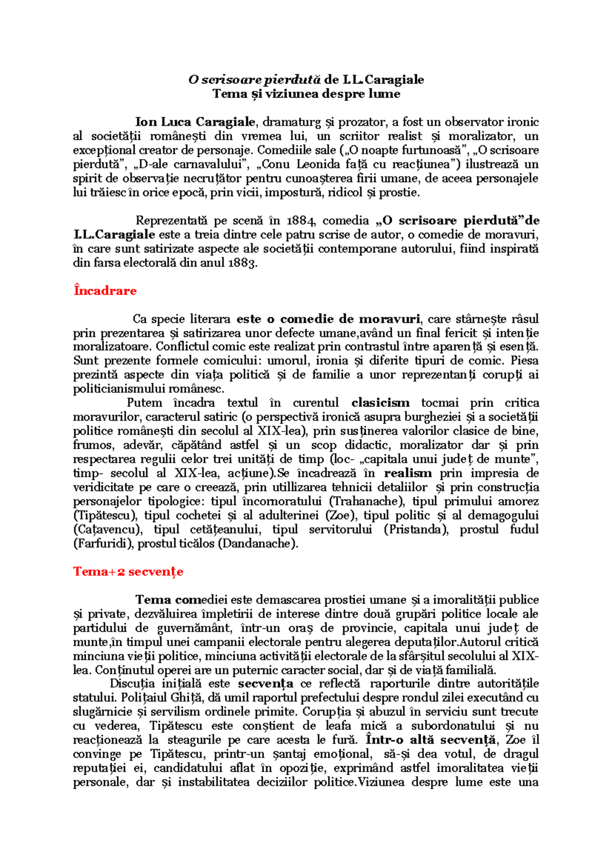 ESEU GEN Dramatic - O scrisoare pierdută de I.L Tema și viziunea despre ...