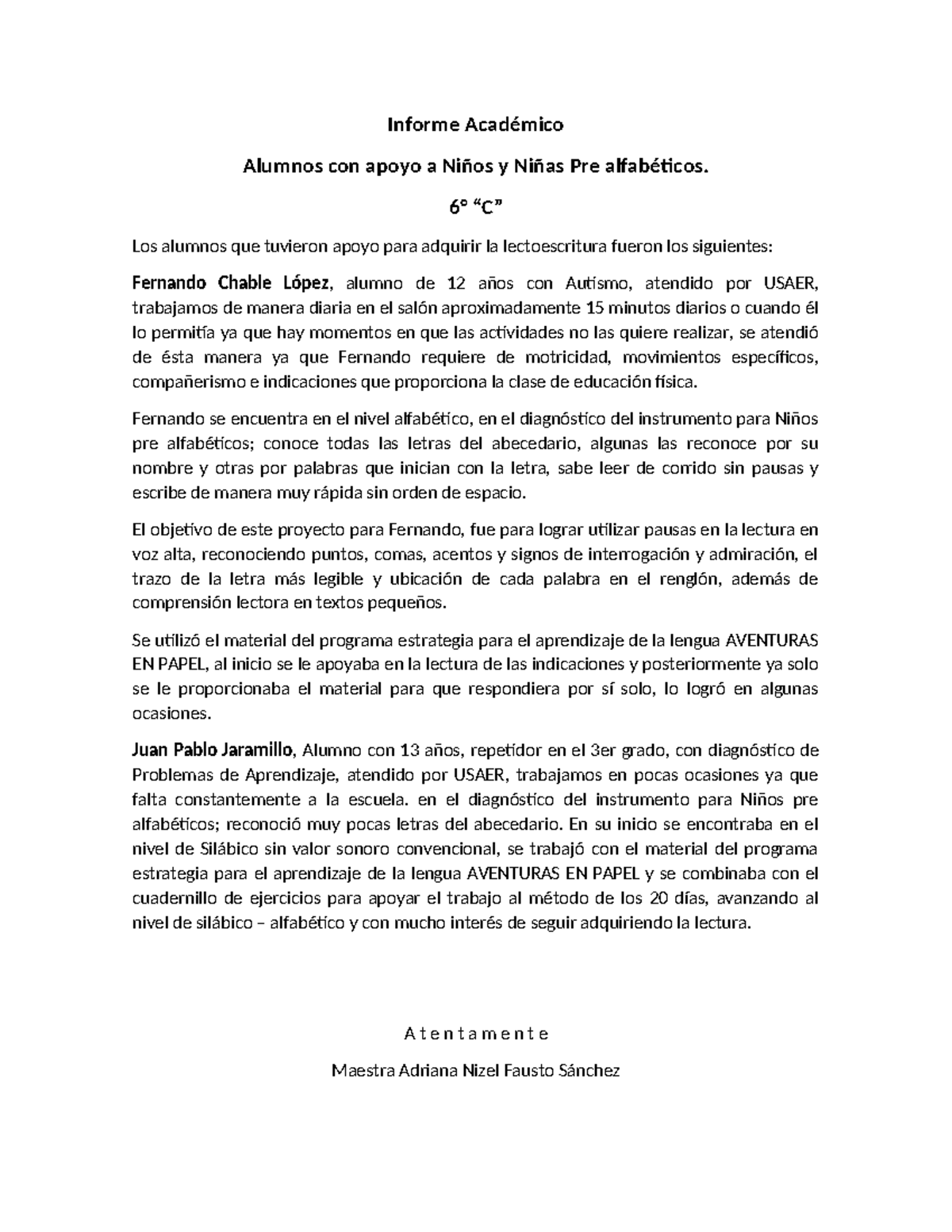 Informe Académico Pre alfabeticos - Informe Académico Alumnos con apoyo ...