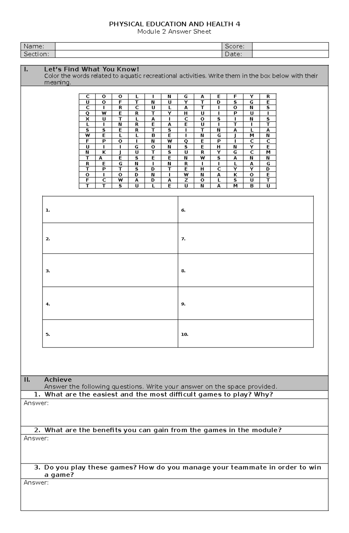 M2 PE4 Answer Sheet - notes - PHYSICAL EDUCATION AND HEALTH 4 Module 2 ...