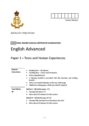 Baulkham Hills 2022 Advanced Paper 1 - Student Number English Advanced ...