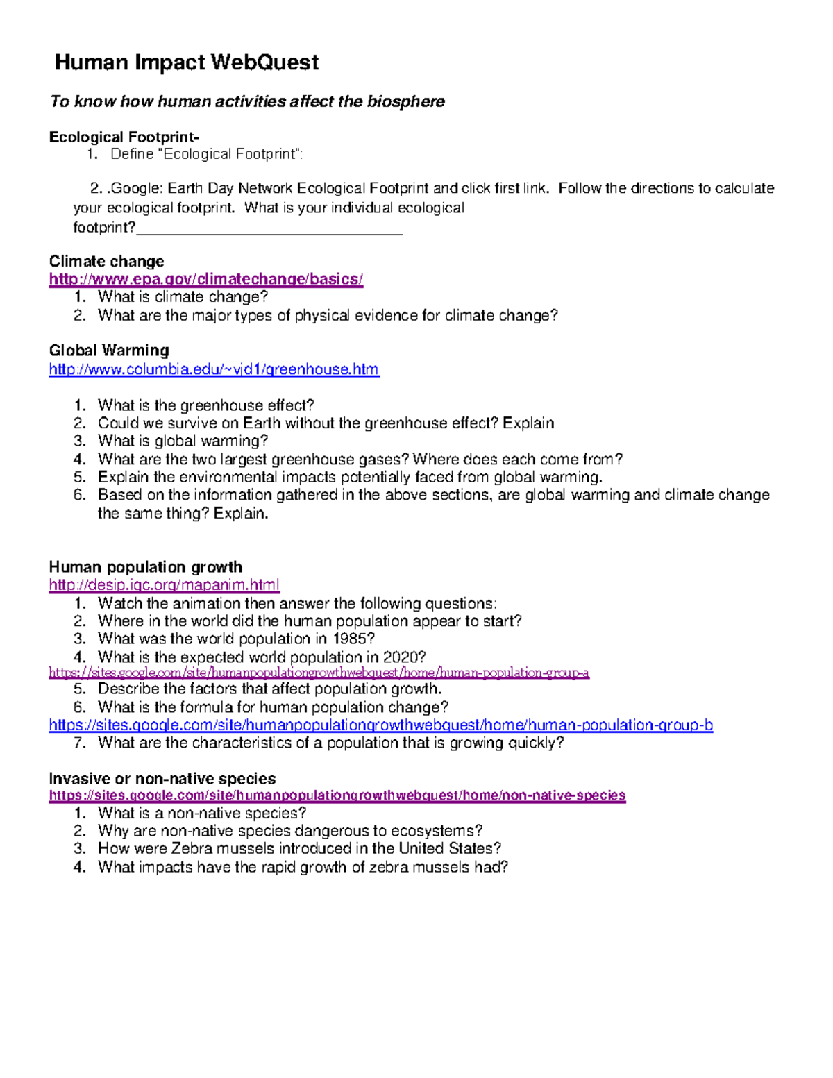 Human impact webquest - Human Impact WebQuest To know how human ...