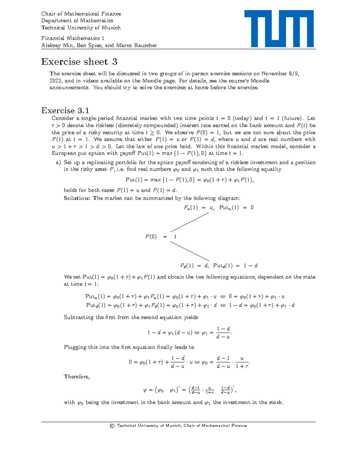 Fi Ma1 Exercise Sheet 03 Solution - Chair of Mathematical Finance ...