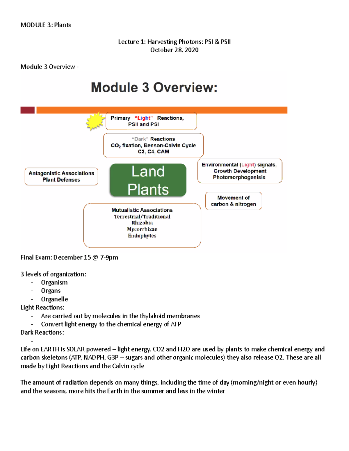 BIOL Module 3 Notes - professor Kalischuk - MODULE 3: Plants Lecture 1 ...