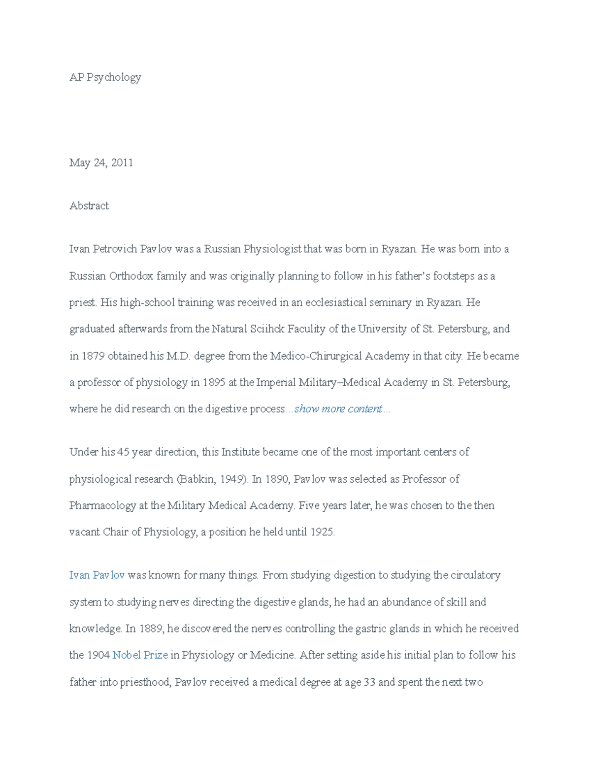 Psych essay 2 - AP Psychology May 24, 2011 Abstract Ivan Petrovich ...