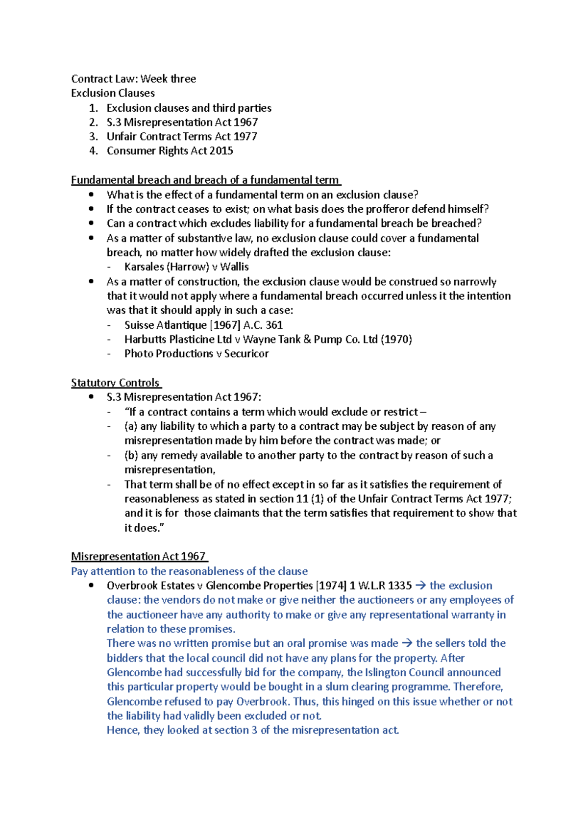 Week 3 - week 3 - Contract Law: Week three Exclusion Clauses 1 ...