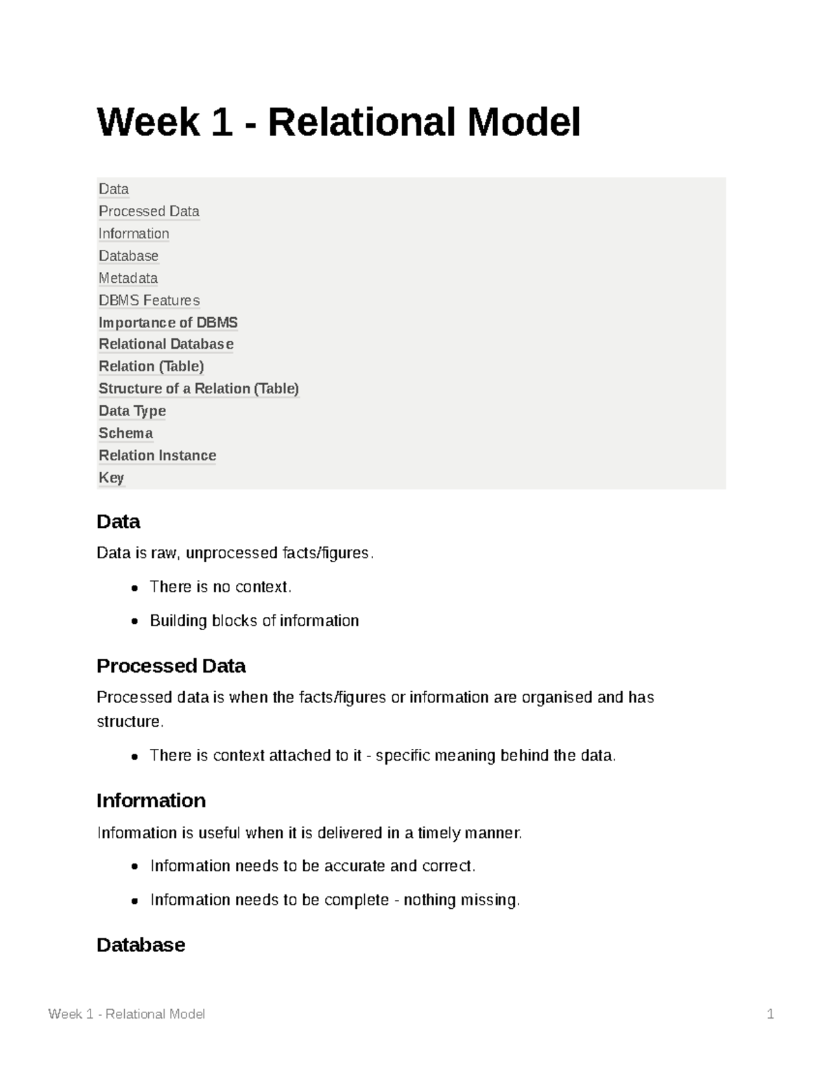 Infosys 222 - Relational Model Notes - Week 1 - Relational Model Data ...