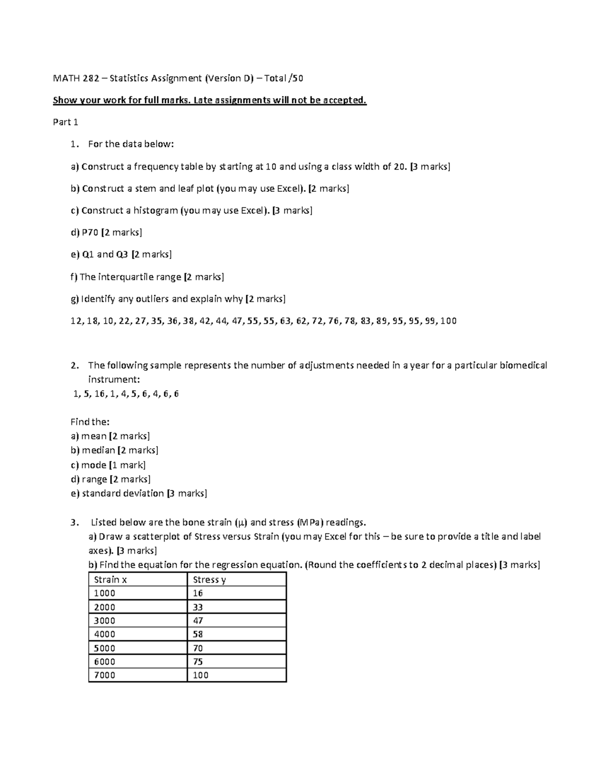 MATH 282 - Assignment Version D - MATH 282 – Statistics Assignment ...