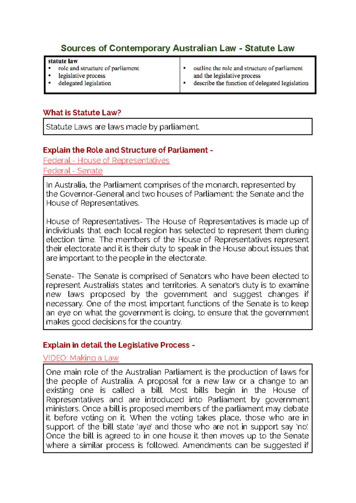 Sources of Contemporary Australian Law - Statute Law - Explain the Role ...