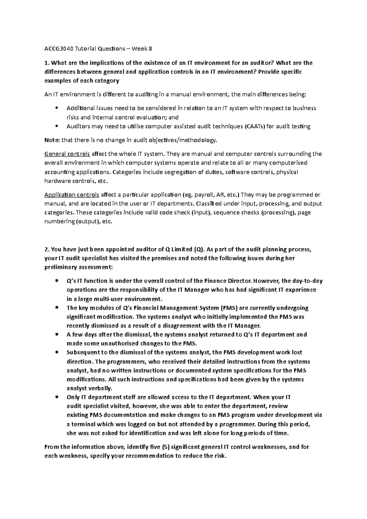 Tutorial Qs - Week 8 - ACCG3040 Tutorial Questions – Week 8 1. What are ...