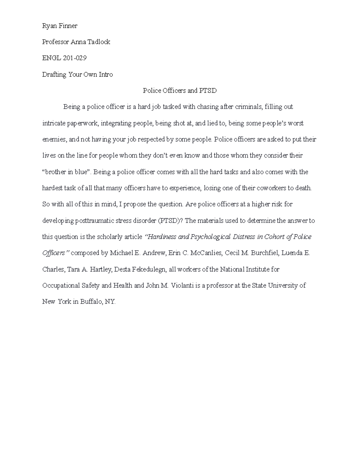 Drafting Your Intro-ENGL 201 - Ryan Finner Professor Anna Tadlock ENGL ...