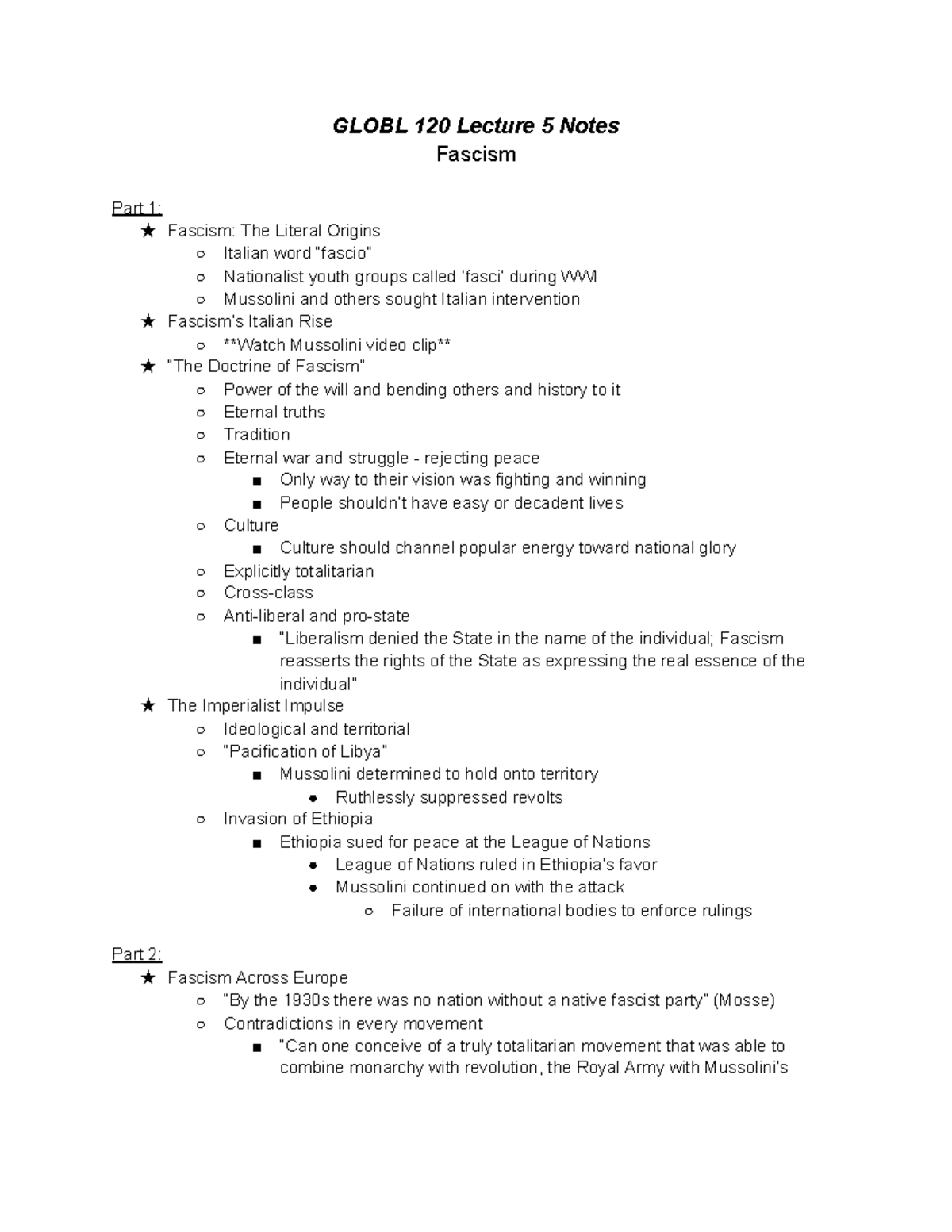 Globl 120 Lecture 5 Notes - GLOBL 120 Lecture 5 Notes Fascism Part 1 ...