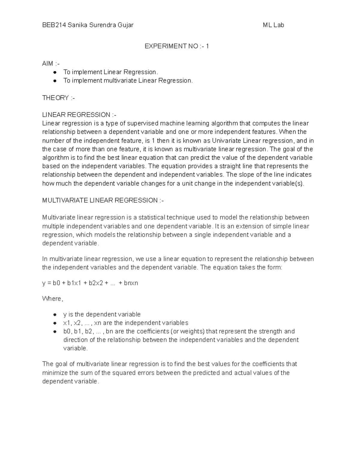 Mlexp 1 Ml Exp 1 Experiment No 1 Aim To Implement Linear Regression To Implement