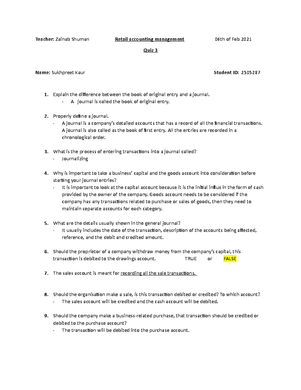 Business management - retail accounting quiz 3 - Teacher : Zainab ...