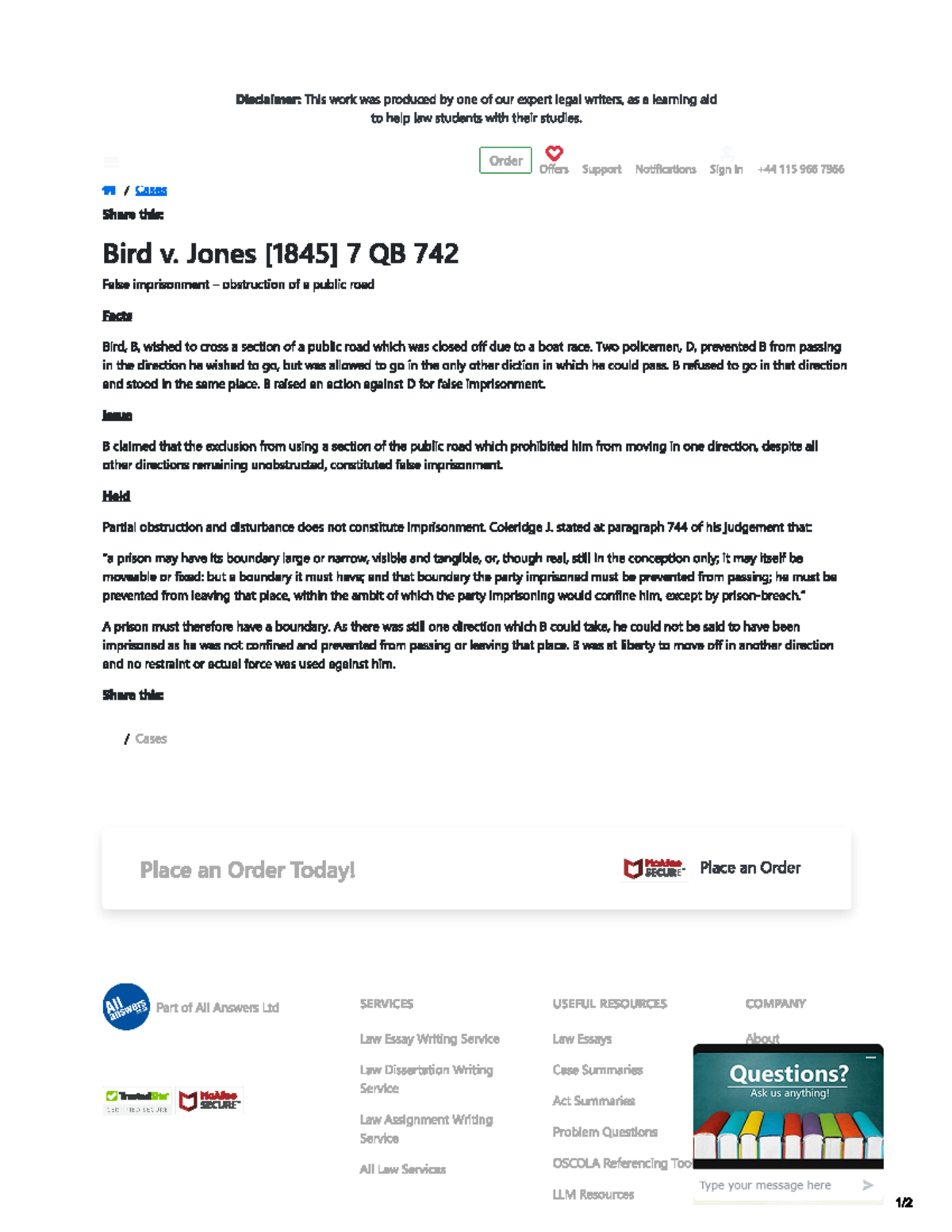 Bird v Jones Summary - Just for reference. Hope it helps with anything ...