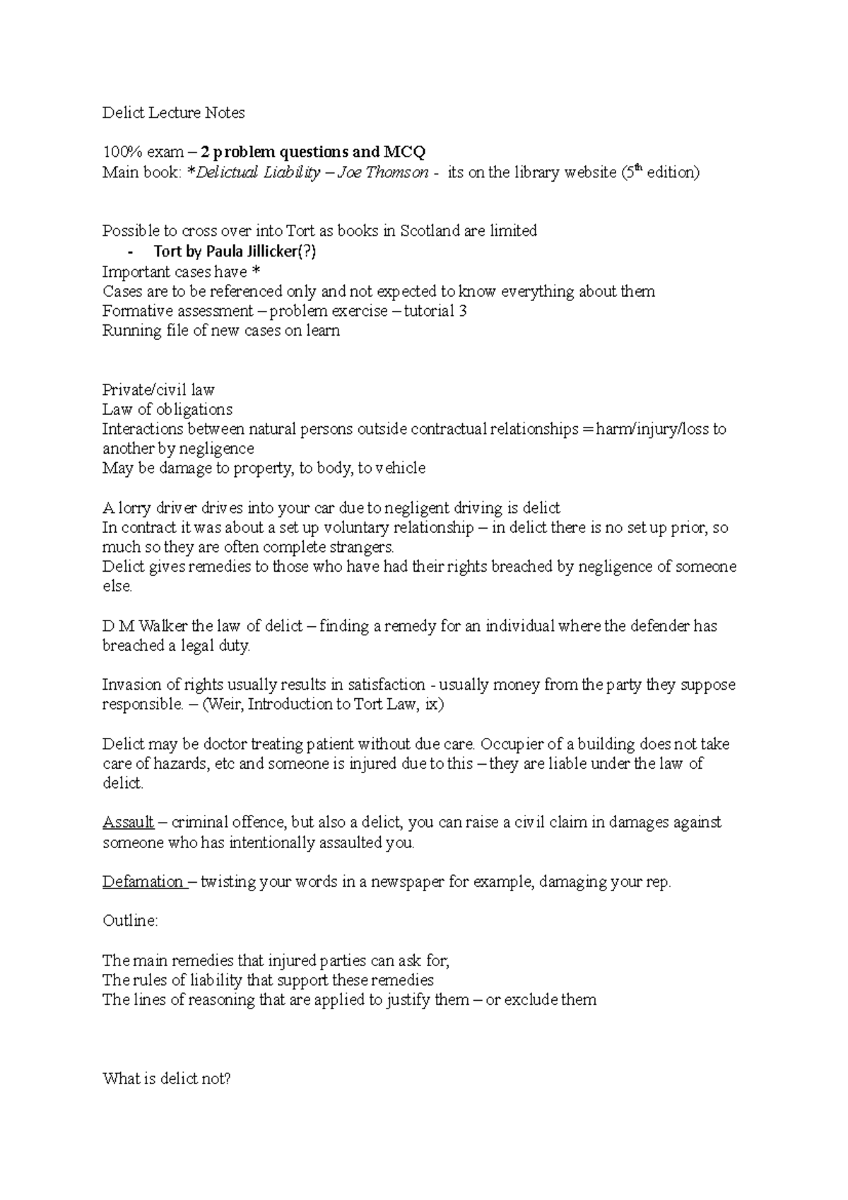 Delict Lecture Notes With 2 Problem Questions And Mcq - Delict Lecture ...