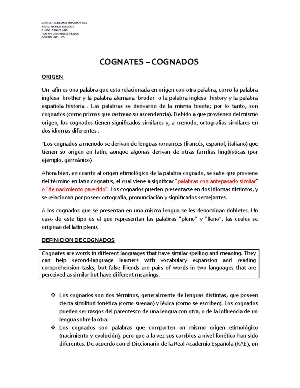 Cognados Definicion y teorico práctico para estudiantes - CARRERA ...