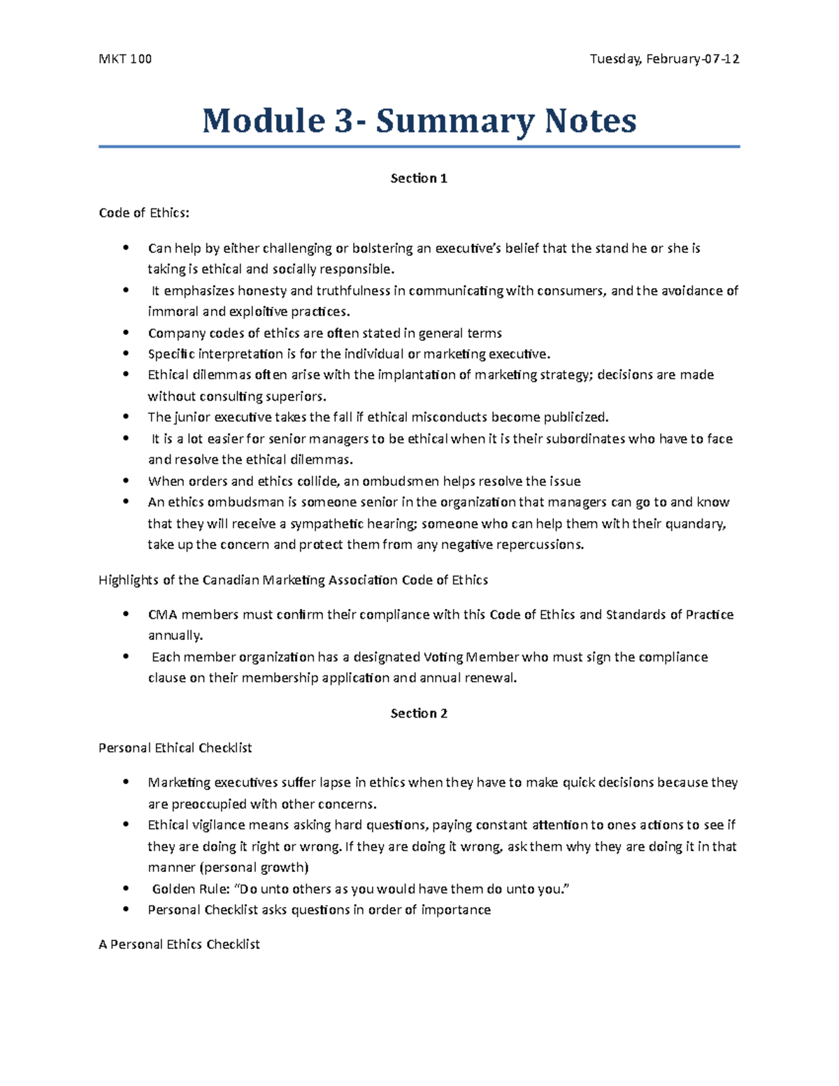 Summary - module 3 summary notes - MKT 100 Tuesday, February-07- Module ...